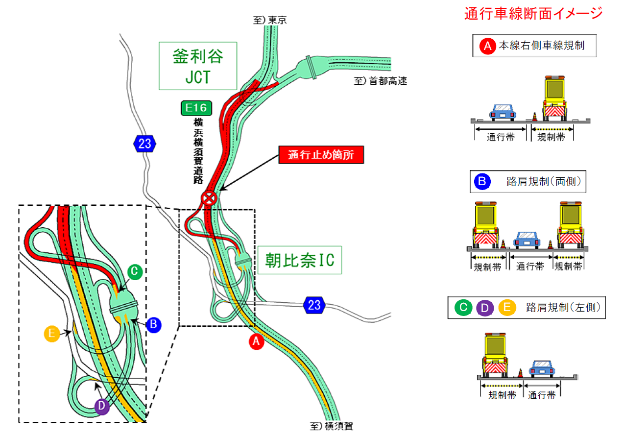 [E16] Yokohama Yokosuka Road 상행선 아사히나 IC⇒釜利谷JCT 간 야간 통행 금지 안내 | NEXCO EAST
