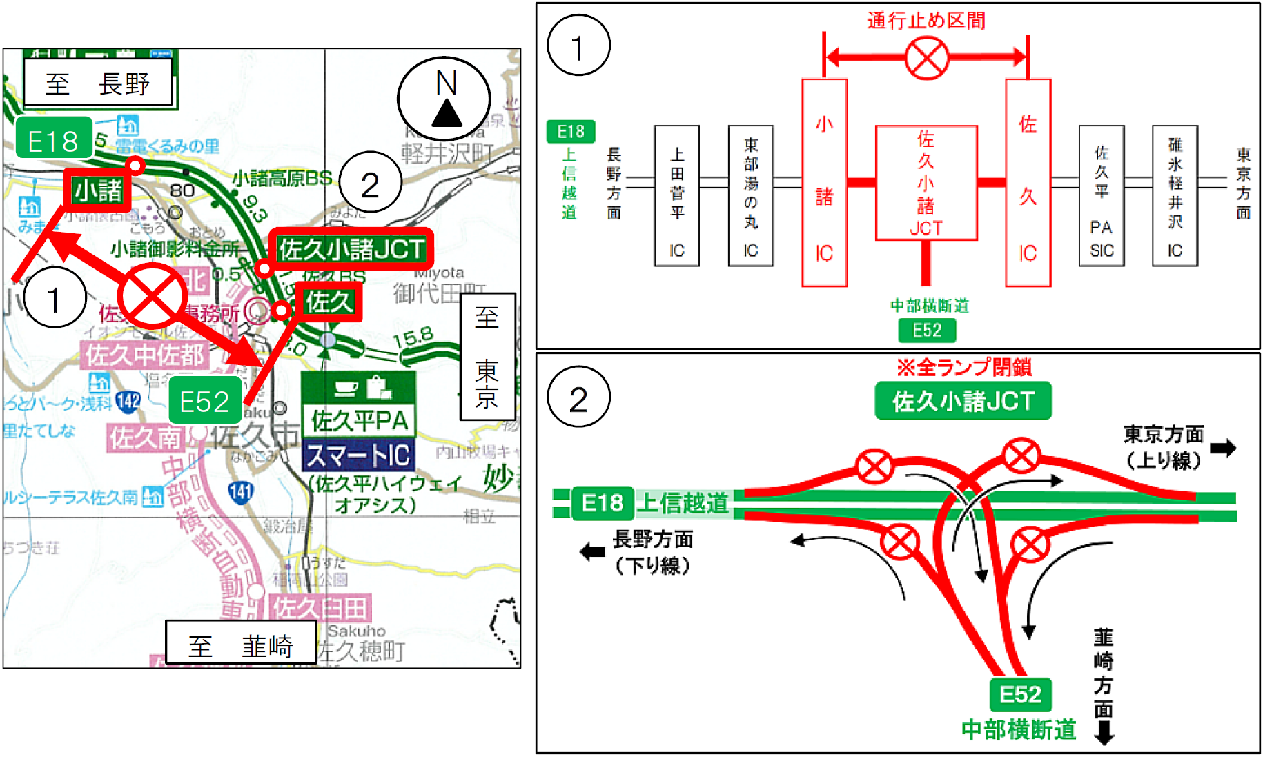 [E18] Joshin-Etsu Expressway 상하 선 사쿠 IC ~ 고모 IC 야간 통행 금지 및 [E52] Chubu Odan Expressway 사쿠 고모 JCT ...