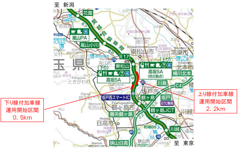 【E17】関越自動車道 高坂（たかさか）サービスエリア付近で令和7年3月下旬に付加車線の一部運用を開始します | NEXCO東日本