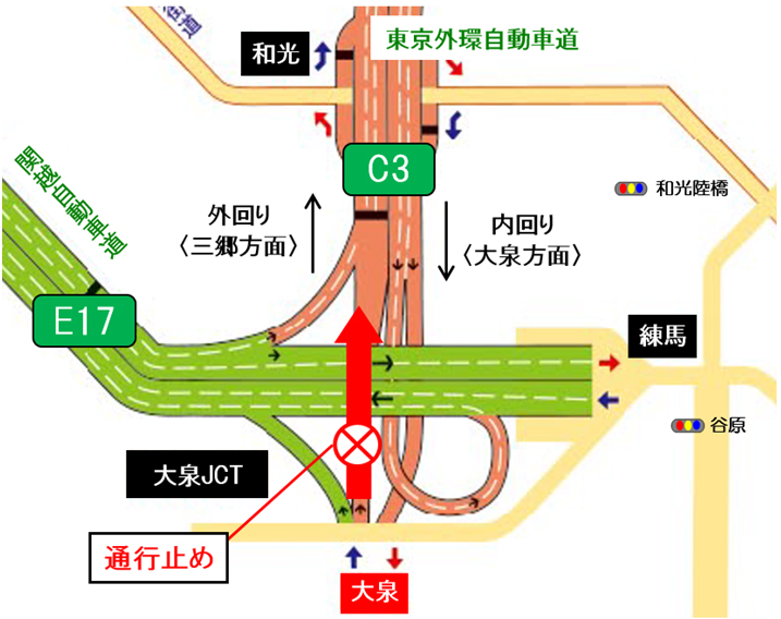 【C3】東京外環自動車道 大泉JCT 夜間閉鎖のお知らせ （一般道から外環道外回り（美女木・川口）方面） | NEXCO東日本